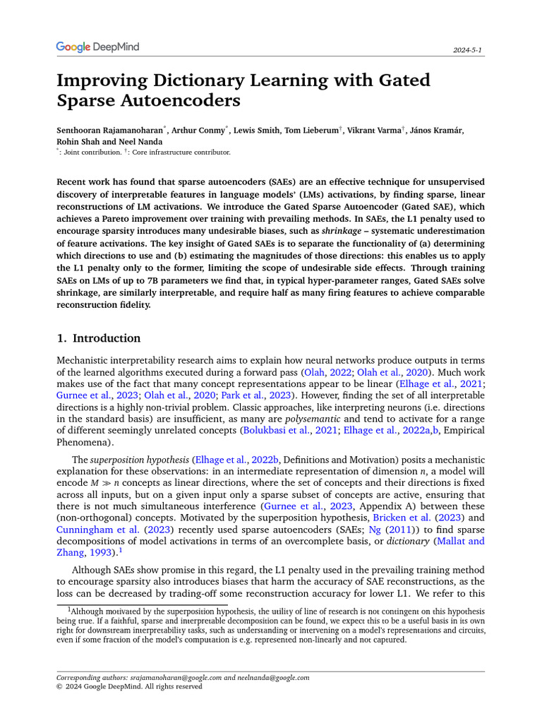 Improving Dictionary Learning With Gated Sparse Autoencoders | PDF
