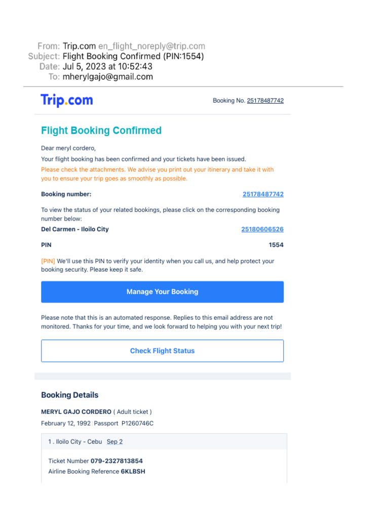 Flight Booking Confirmed (PIN1554) | PDF