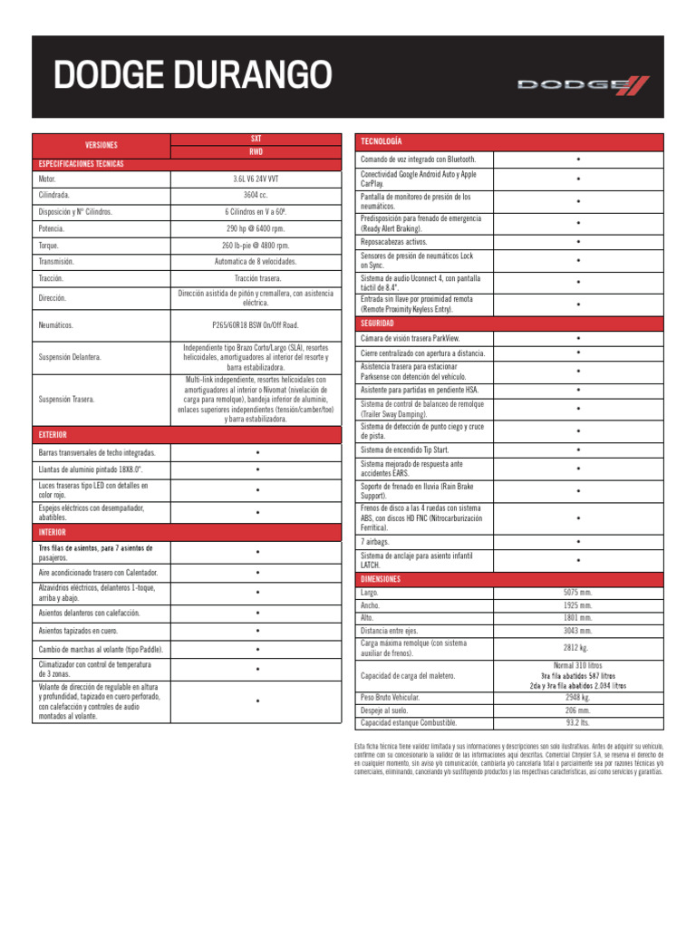 Ficha Tecnica Dodge Durango SXT 4x2 1622143809 | PDF