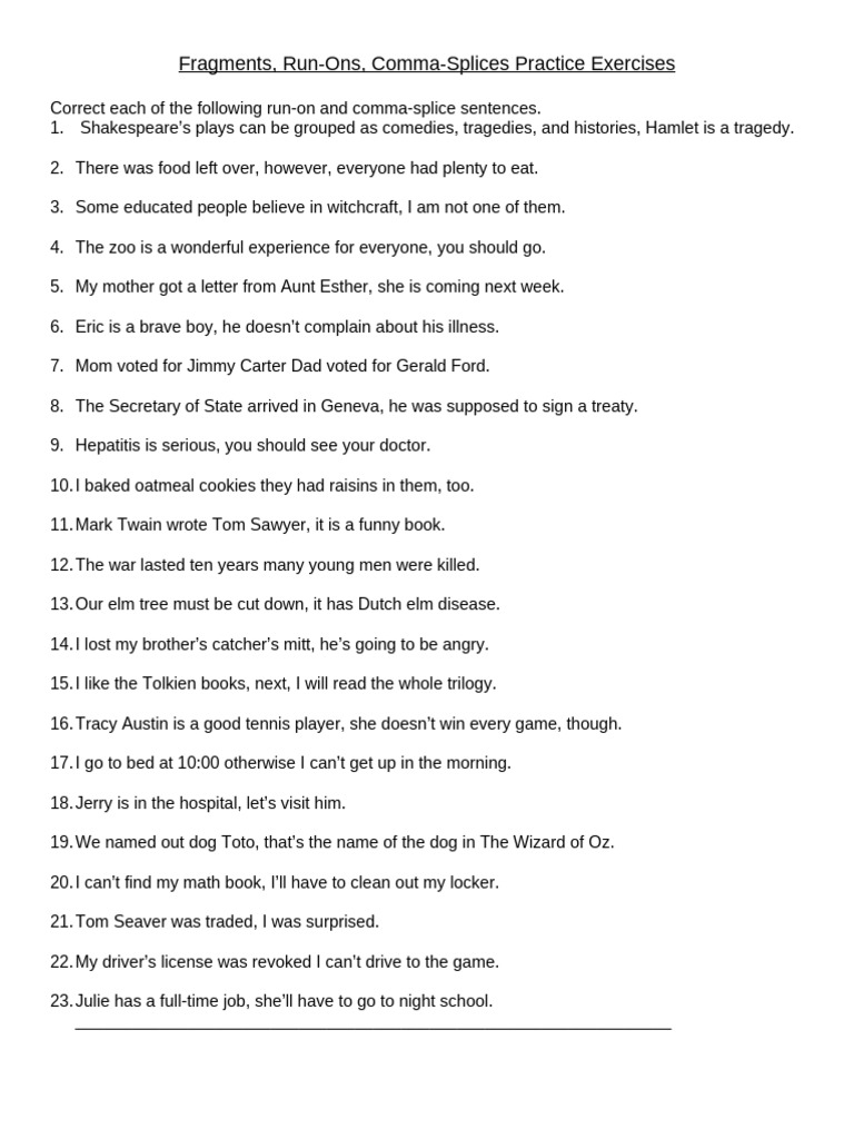 Run-On and Comma-Splice Correction Exercises | PDF