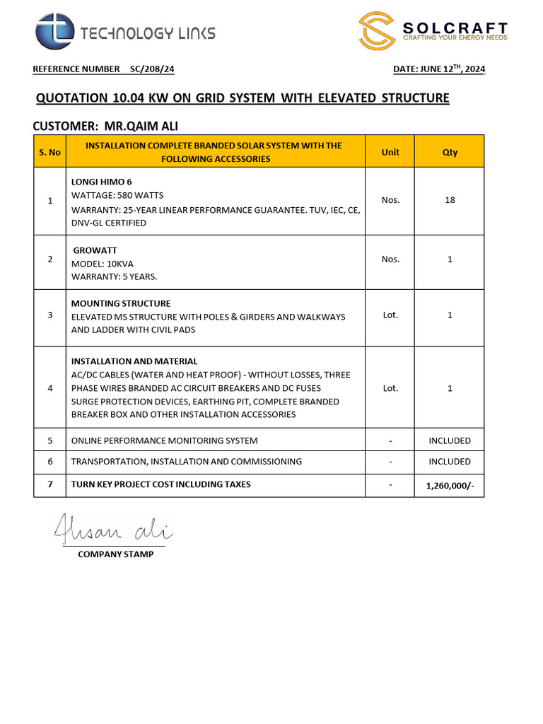 MR Qaim Ali 10.4KW Ongrid System With Elevated Structure | PDF ...