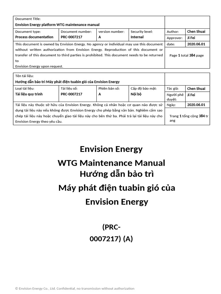 Exhibit G1 - Envision Energy WTG Maintenance Manual - P1 | PDF