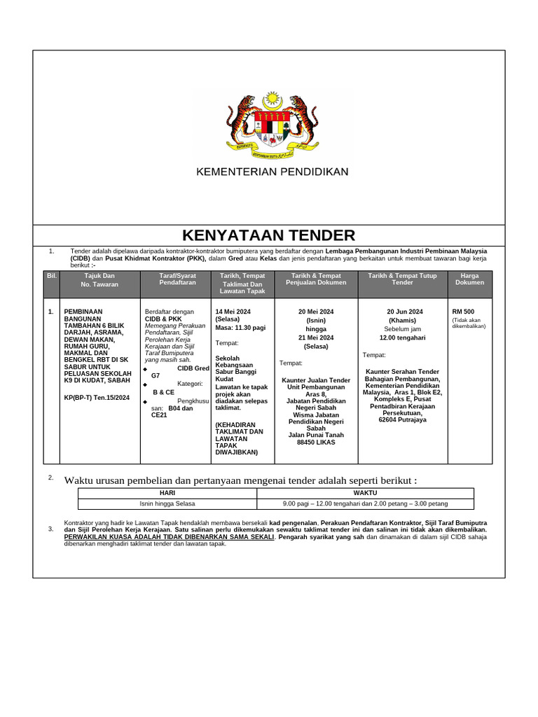 Iklan Tender SK Sabur Banggi - 2 Mei 2024 | PDF