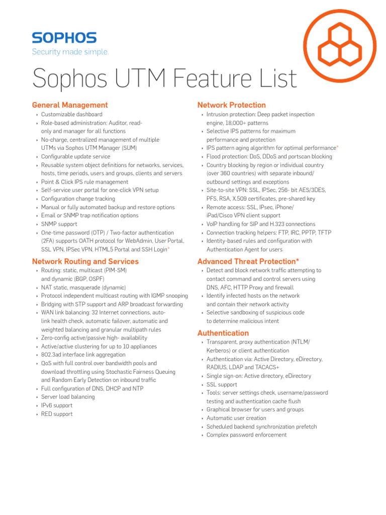 Sophos UTM Feature List: General Management Network Protection | PDF
