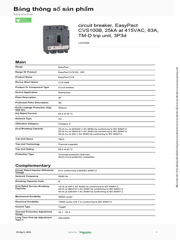TT 9. MCCB Schneider Electric - EasyPact-CVS - LV510305 | PDF