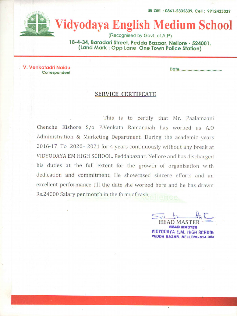 Vidyodaya School Service Certificate | PDF