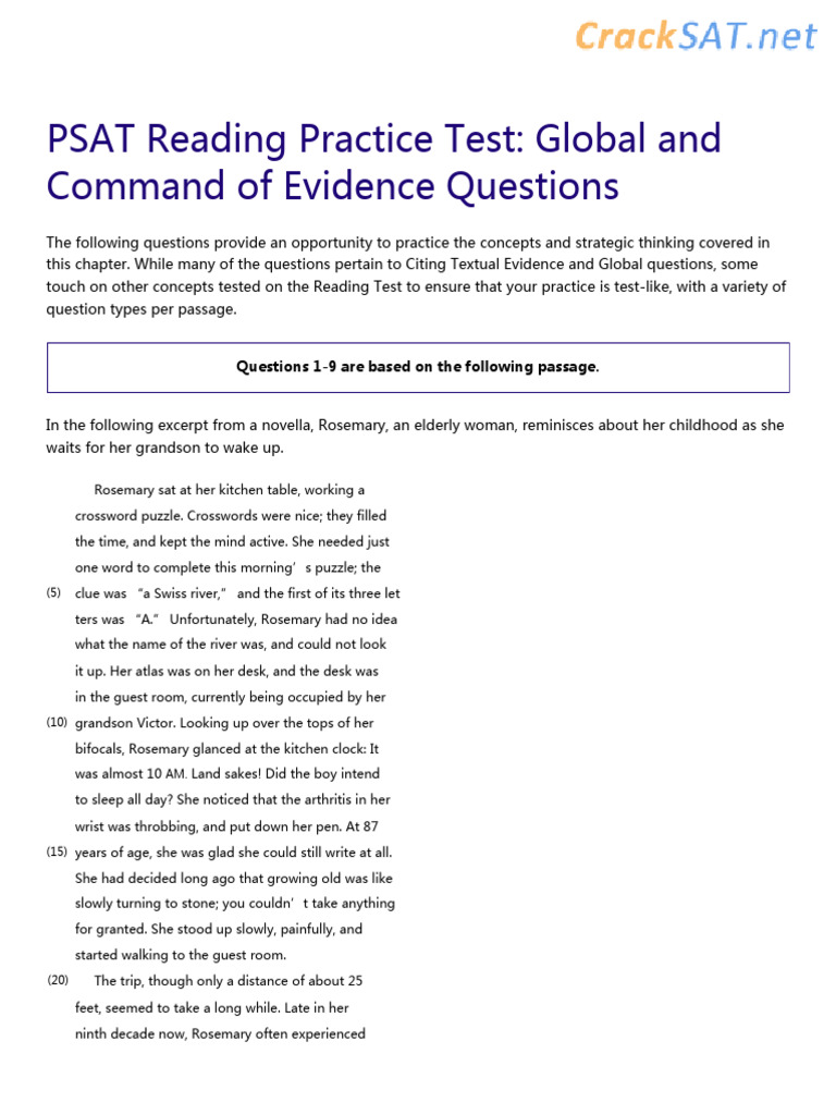 PSAT Reading Practice Test: Global and Command of Evidence Questions | PDF