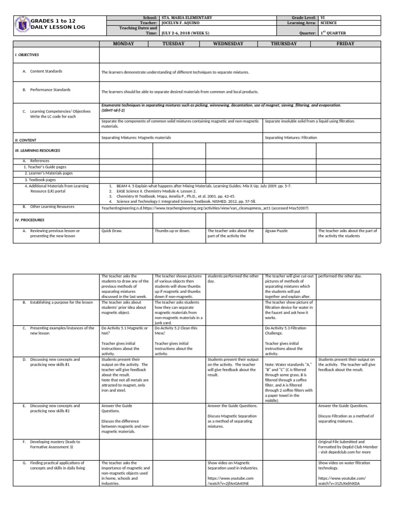 DLL - Science 6 - Q1 - W5 | PDF
