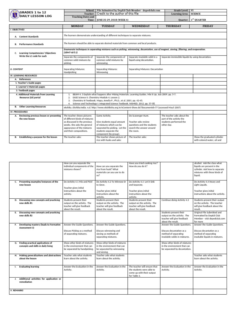 DLL - Science 6 - Q1 - W4 | PDF