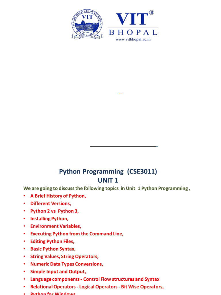 Unit 1 Python Programming CSE3011 DR MK Jayanthi Kannan | PDF