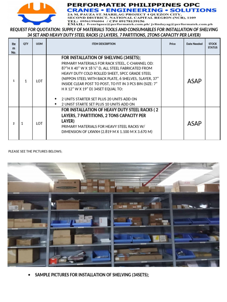 RFQ For Heavy Duty Steel Rack | PDF