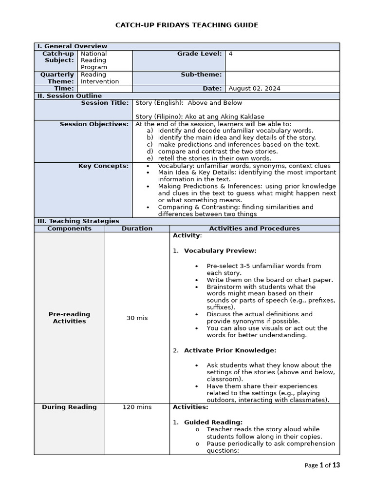 Teaching Guide Catchup Friday G4 August 02 | PDF | Reading Comprehension | Language Arts ...