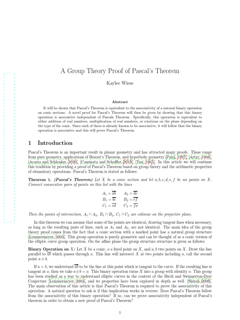 A Group Theory Proof of Pascal's Theorem: Kaylee Wiese | PDF