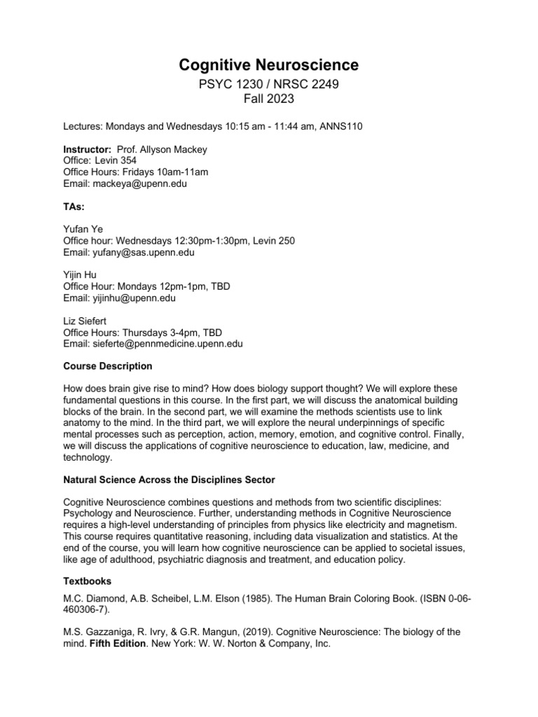 Cogneuro Syllabus 2023 v2 | PDF