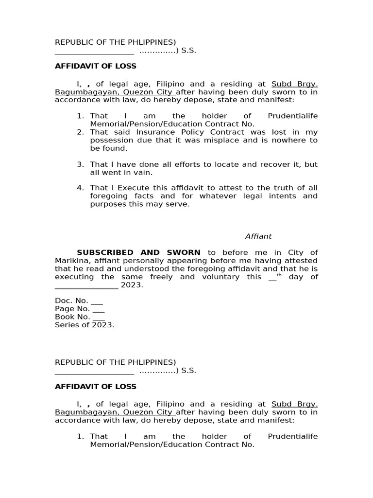 Affidavit of Loss | PDF | Affidavit | Civil Law (Common Law)
