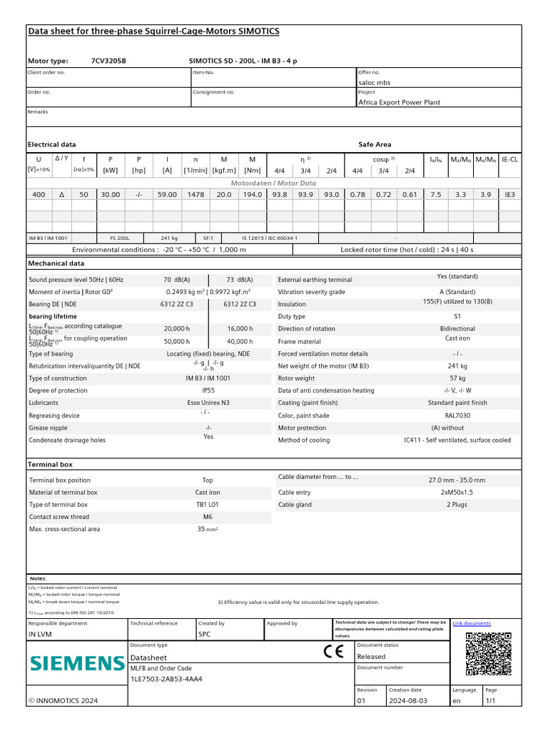 Data Sheet For Three-Phase Squirrel-Cage-Motors SIMOTICS: Motor Type ...