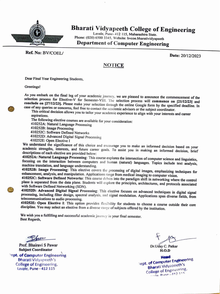 Elective-V Choice Notice | PDF