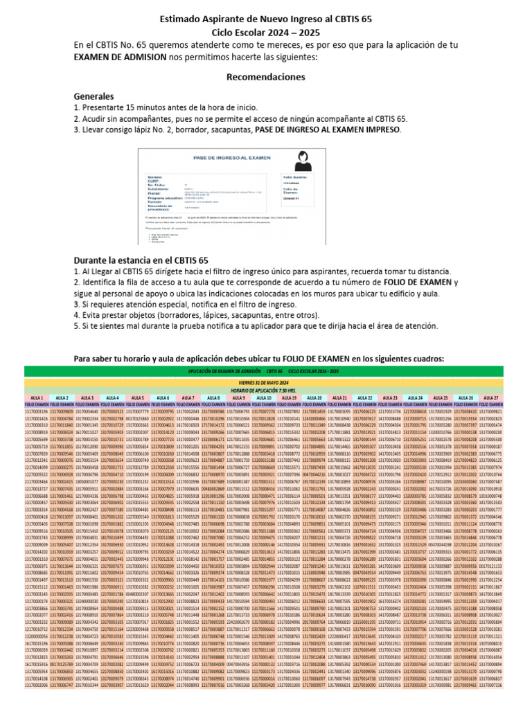 Resultados Examen CBTIS 65 2024 | PDF
