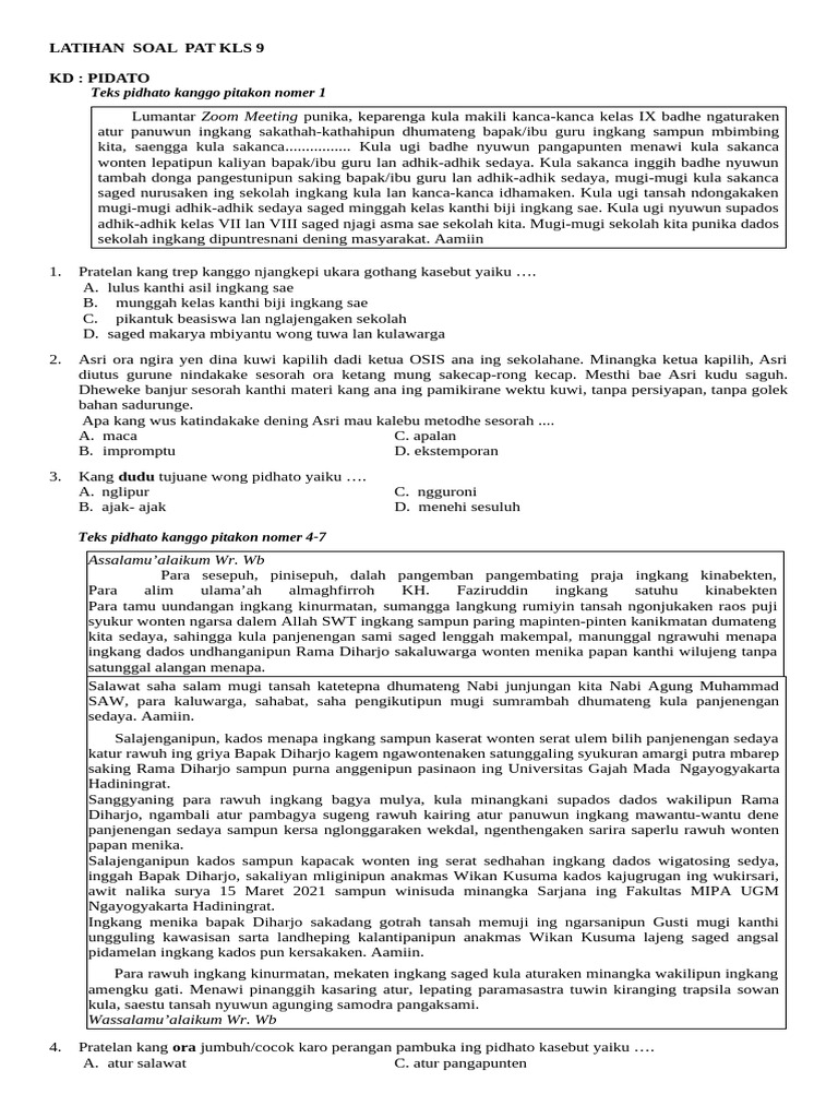 Soal PAT Kelas 9 Bahasa Jawa | PDF | Java | Poetry