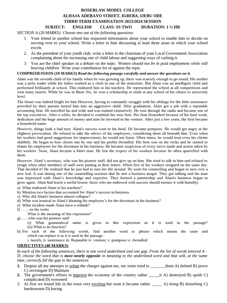 3RD Term English Exam SSS | PDF