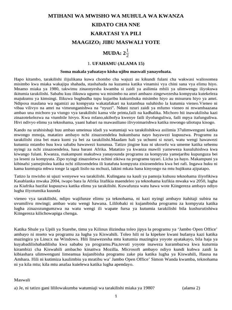 Form 4 Kiswahili Paper 2 QS | PDF