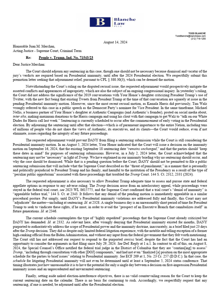 2024.08.14 Letter To Justice Merchan Re Sentencing Adjournment | PDF ...