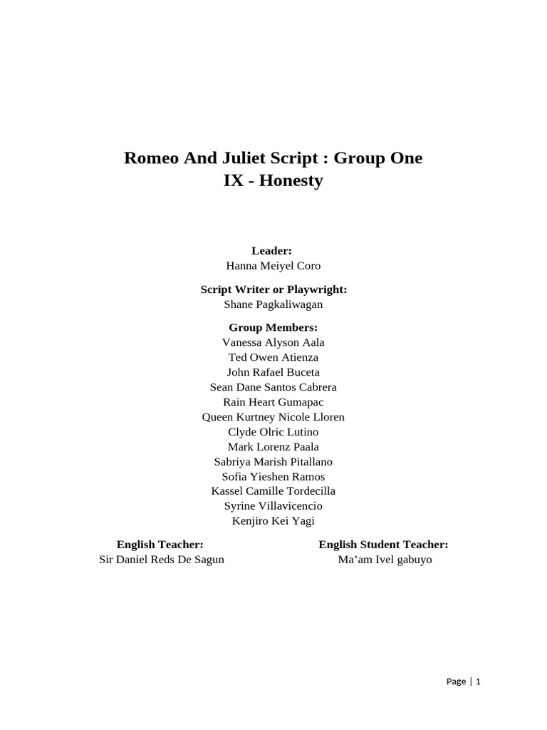 Romeo And Juliet Script Pdf