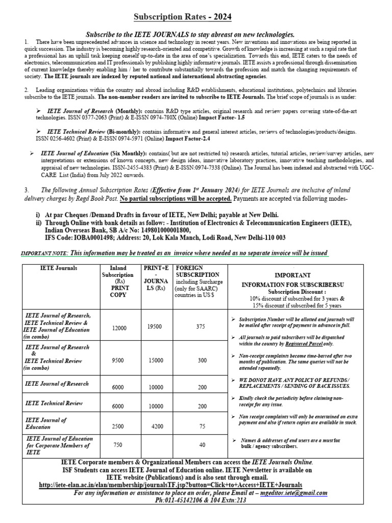 Subscription Rates 2024 | PDF