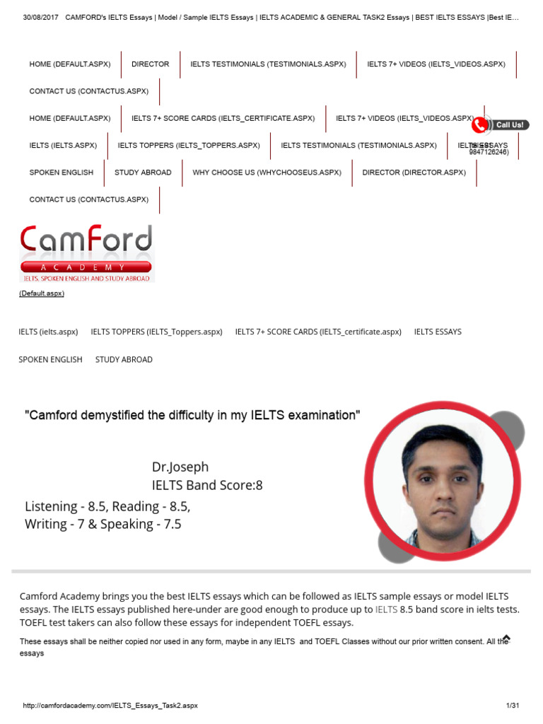 CAMFORD's IELTS Essays Model Sample IELTS Essays IELTS ACADEMIC | PDF