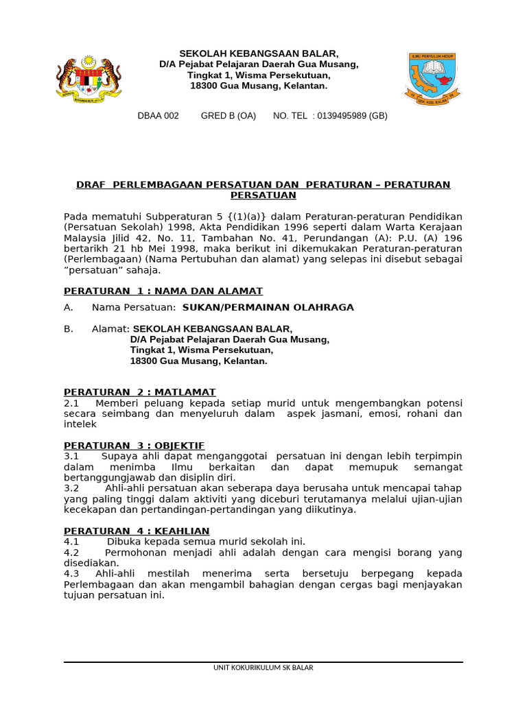 Draf Perlembagaan Persatuan Dan Peraturan SKPT | PDF