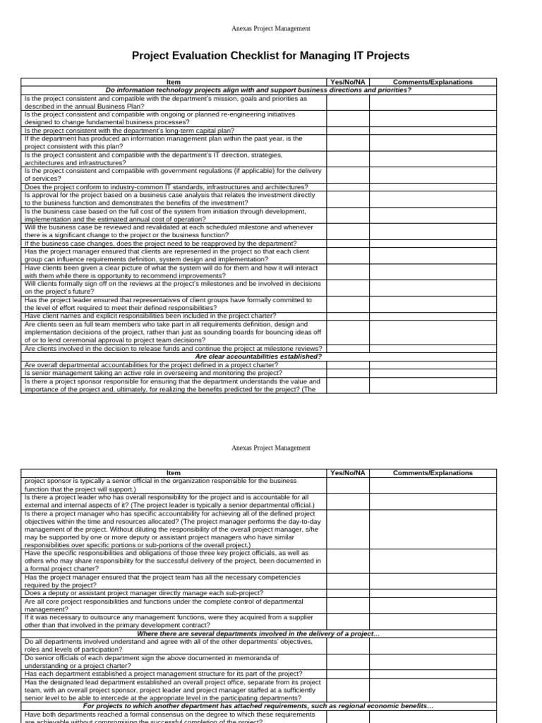Project Evaluation Checklist For IT Projects | PDF