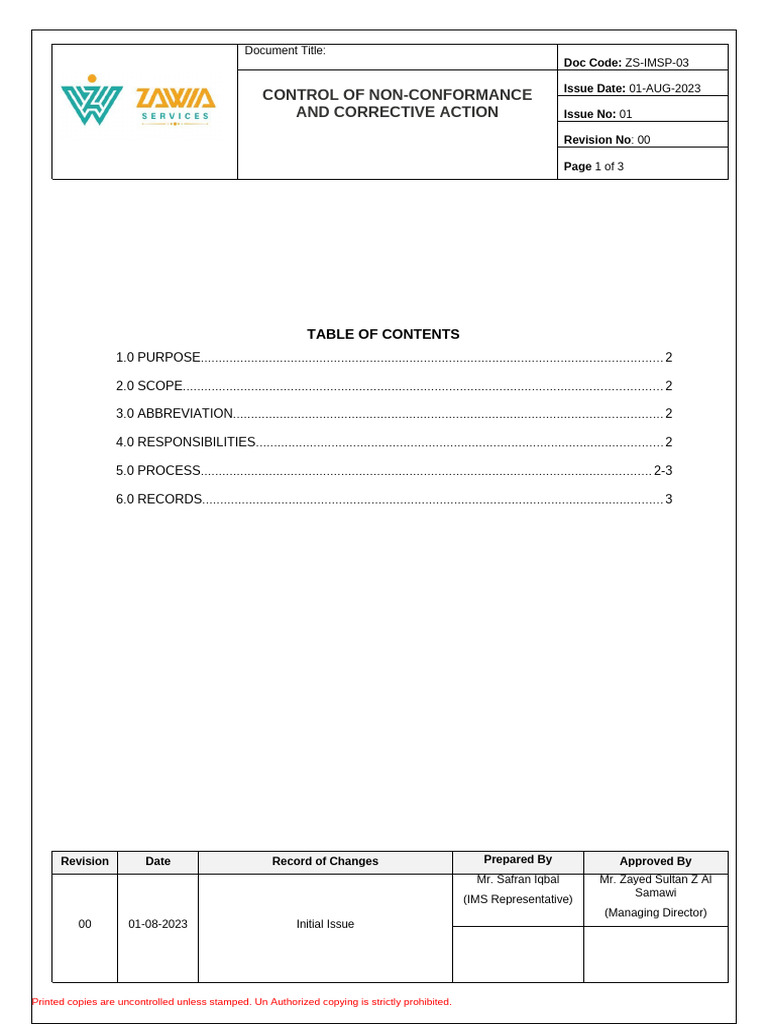 Procedure 03 - Control of Non-Conformance and Corrective Action | PDF