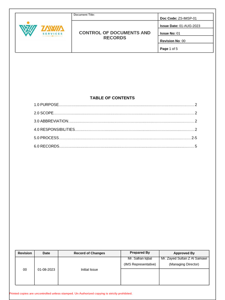 Procedure 01 - Control of Documents and Records | PDF