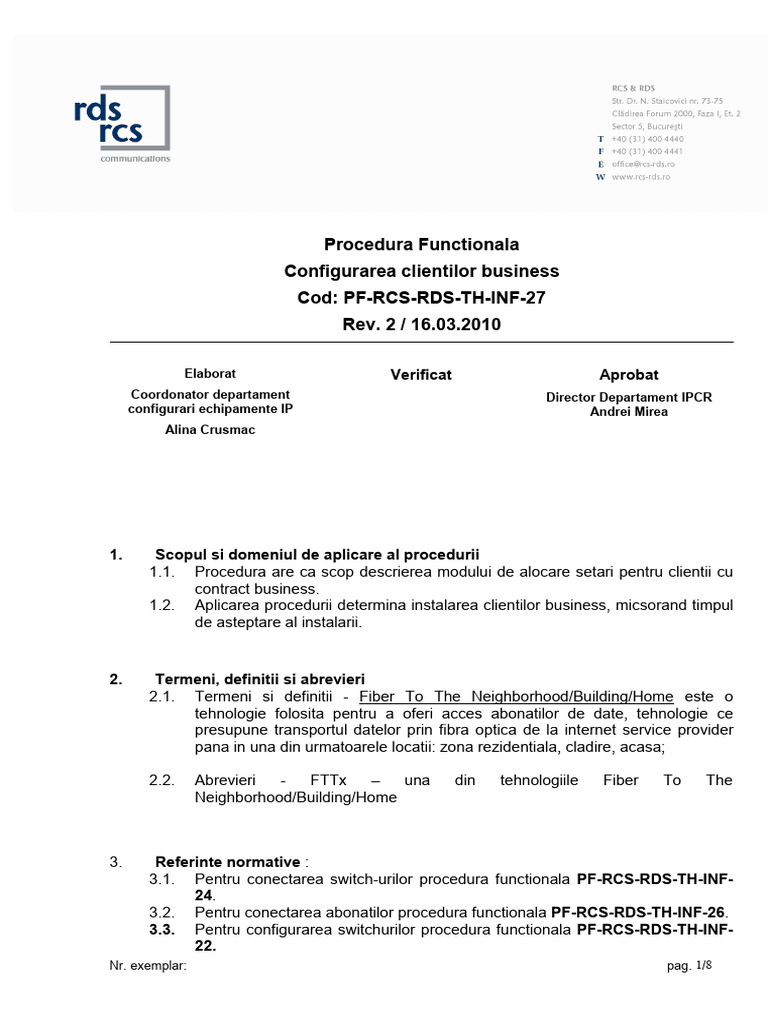 PF-RCS-RDS-TH-INF-27 - Configurare Clienti Business | PDF