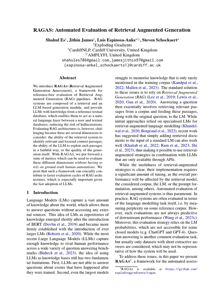 RAGAS- Automated Evaluation of Retrieval Augmented Generation | PDF