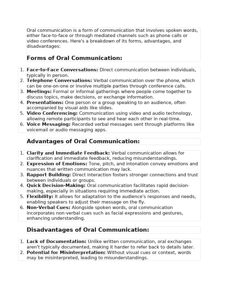 Oral Communication fORMS ADVANTAGES DISADVANTAGES | PDF