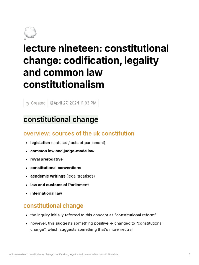 Lecture Nineteen Constitutional Change Codificatio | PDF | Brexit | Law