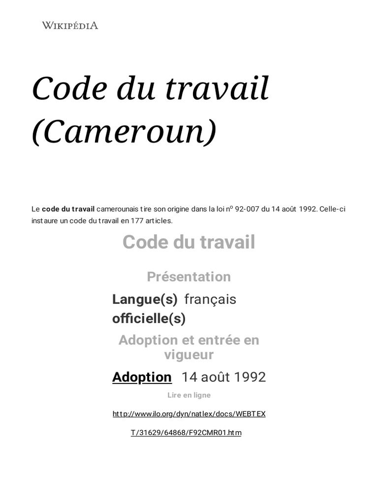 Code Du Travail (Cameroun) - Wikipédia | PDF