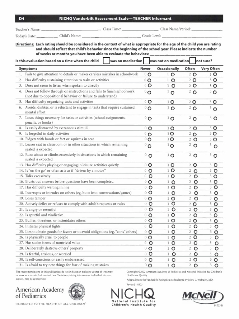 NICHQ Vanderbilt TEACHER Fillable 1 | PDF