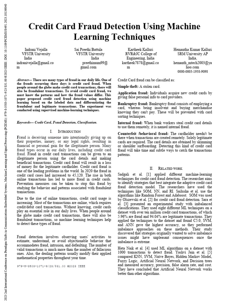 Credit Card Fraud Detection Using Machine Learning Techniques | PDF