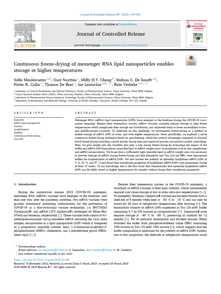 Continuous Freeze-Drying of Messenger RNA Lipid Nanoparticles Enables ...