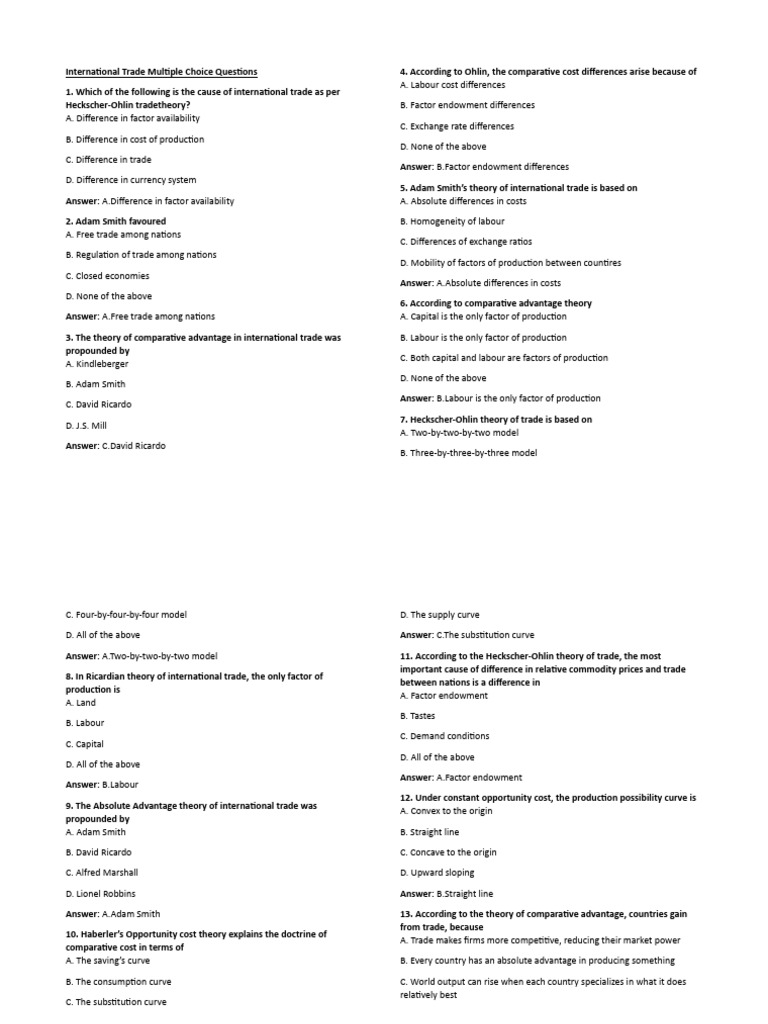 International Trade Multiple Choice Questions | PDF