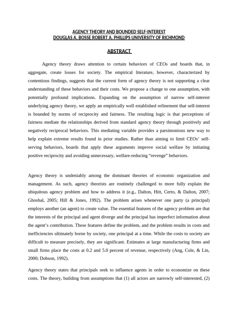 AGENCY THEORY AND BOUNDED SELF Interest | PDF