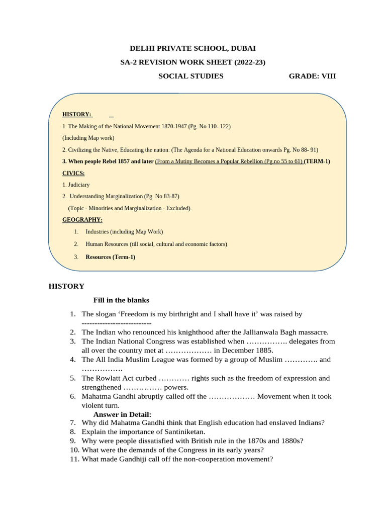 GR 8 Sa-2 SST Revision Worksheet | PDF