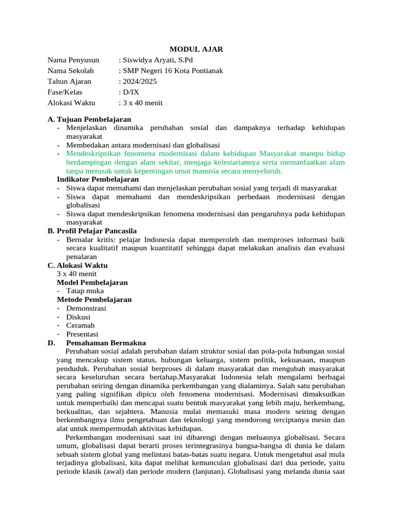 MODUL AJAR Adiwiyata Ganjil Ips Kelas 9 | PDF