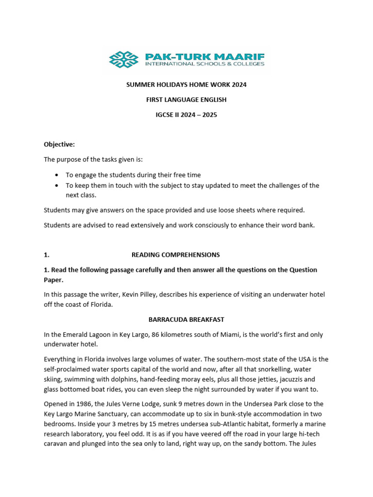 English Igcse 2 Summer HW 2024 PDF | PDF
