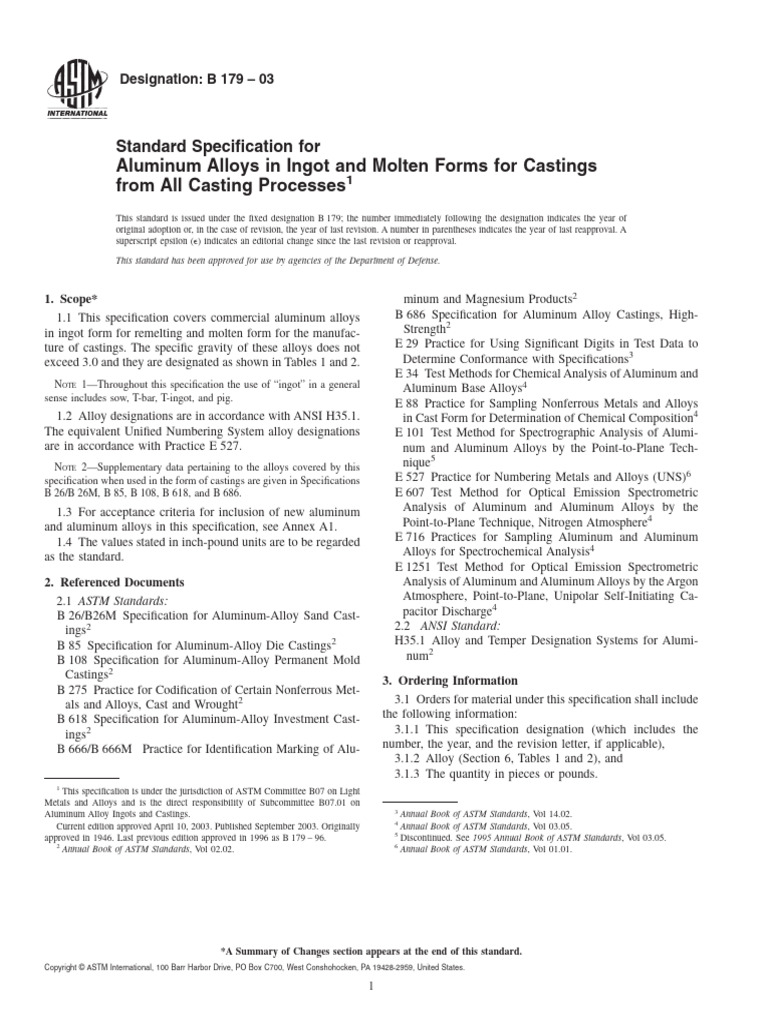 ASTM B 179 - 03 - Standard Specification For Aluminum Alloys in Ingot ...