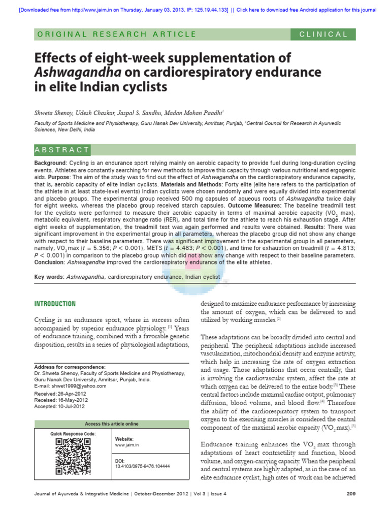 Shenoy Et Al. - 2012 - Effects of Eight-Week Supplementation of Ashwagand | PDF
