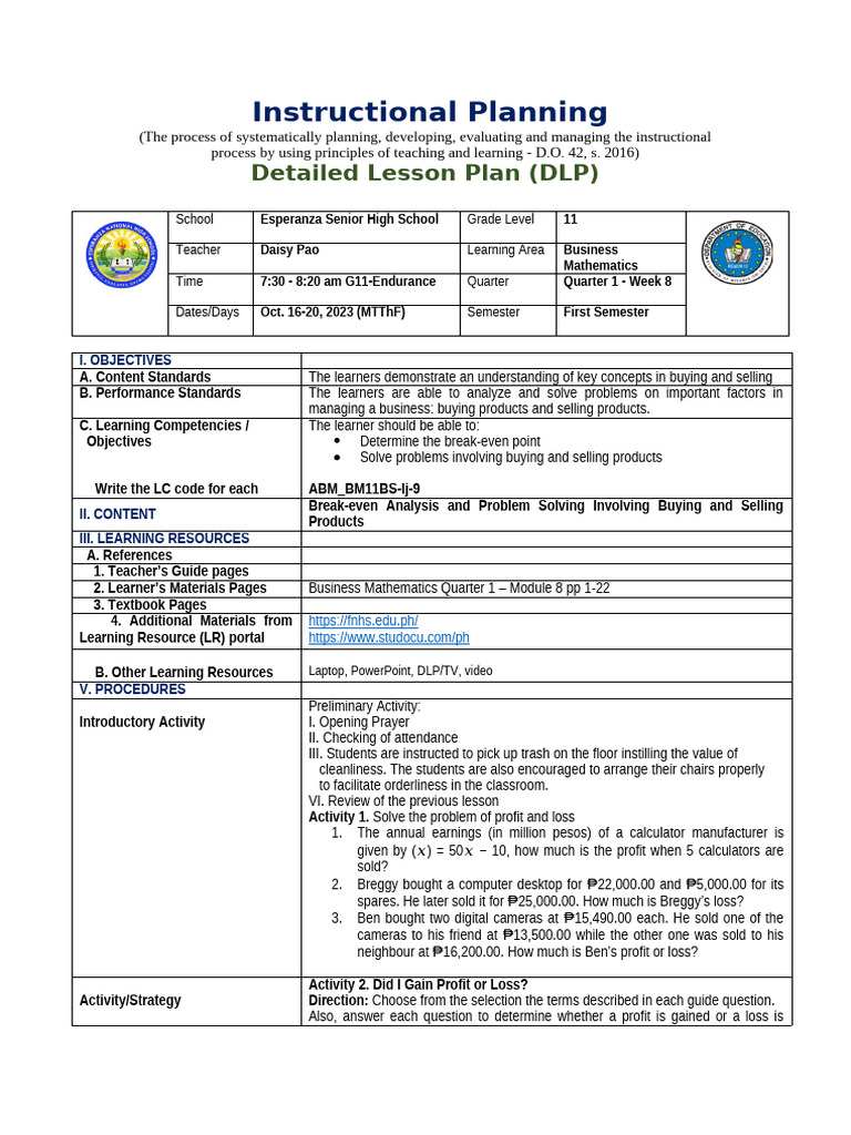 DLP-BusMath Q1 W8 | PDF
