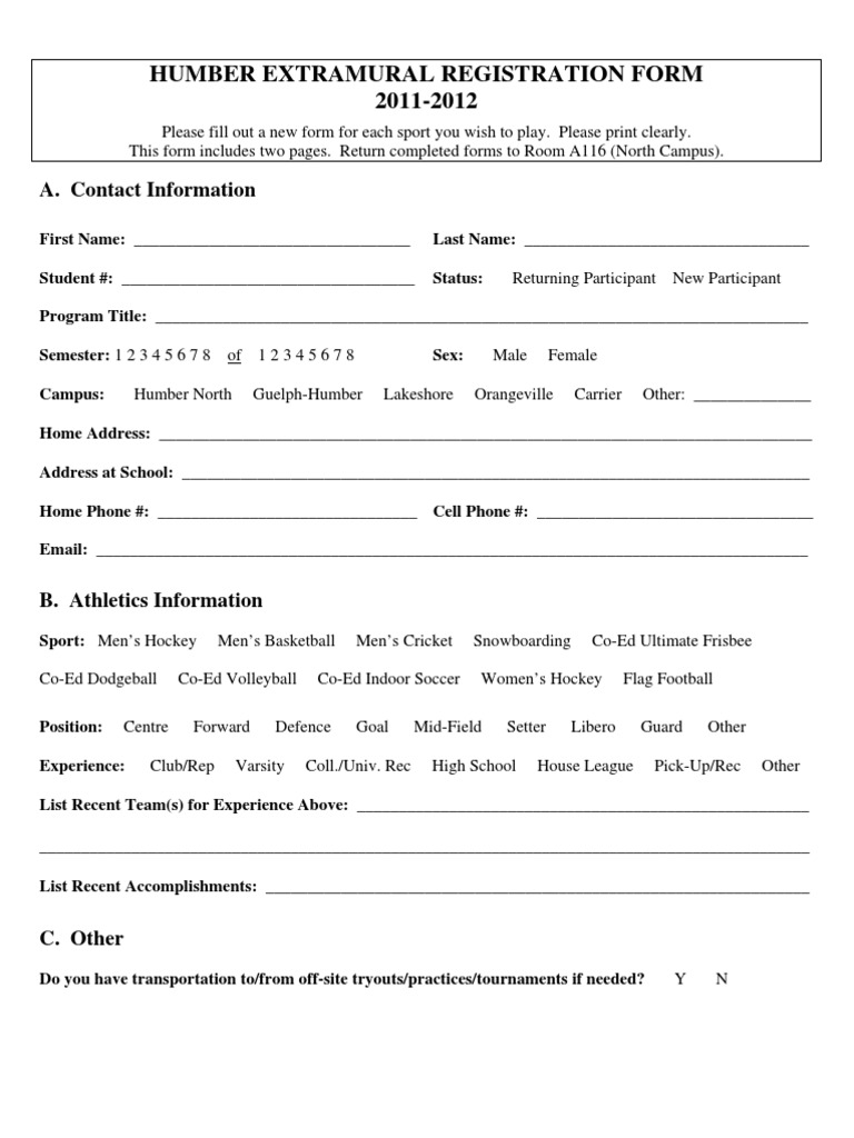 Humber Sports Registration Form | PDF | Finance & Money Management